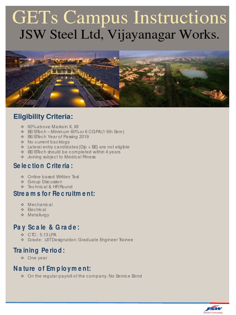 JSW Steel LTD, Vijayanagar Works.: Gets Campus Instructions | PDF