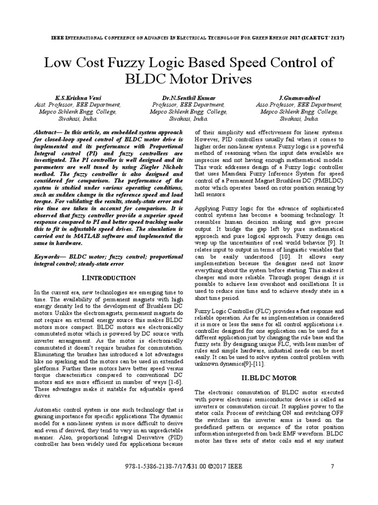 Low Cost Fuzzy Logic Based Speed Control Of Bldc Motor Drives Pdf Electric Motor Control 