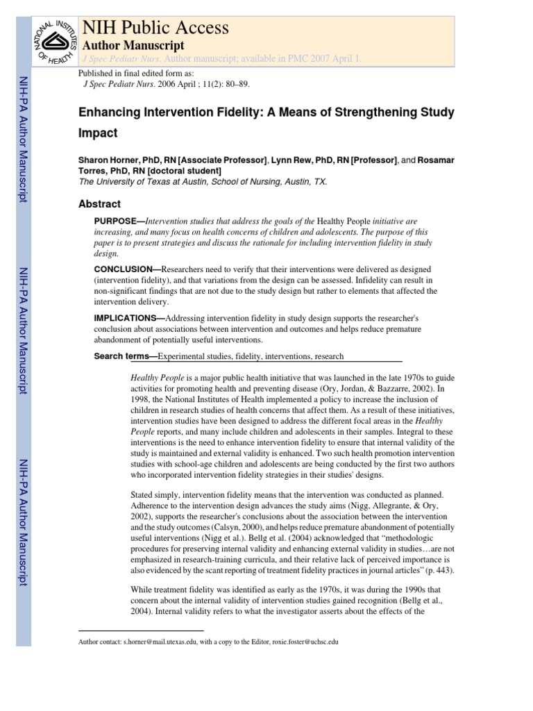 Enhancing Intervention Fidelity A Means of Strengthening Study Impact ...