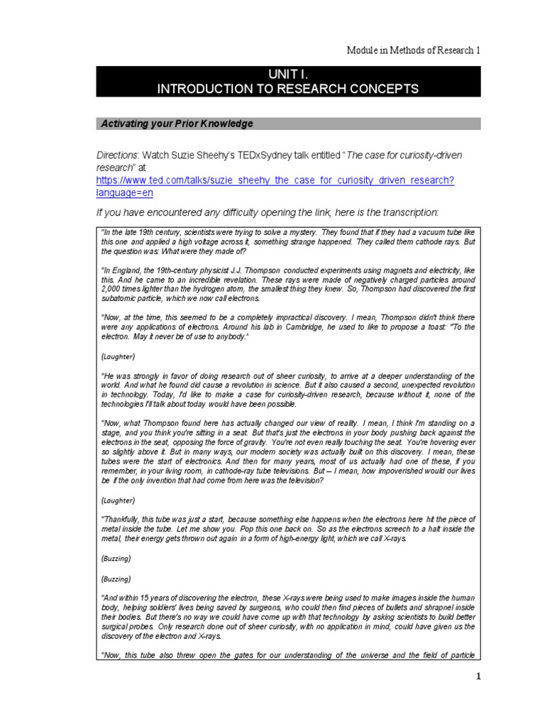 Unit I. Introduction To Research Concepts: Activating Your Prior ...