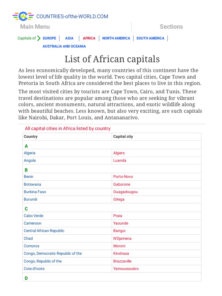 List of African Capitals: Sections Main Menu | PDF | Africa ...