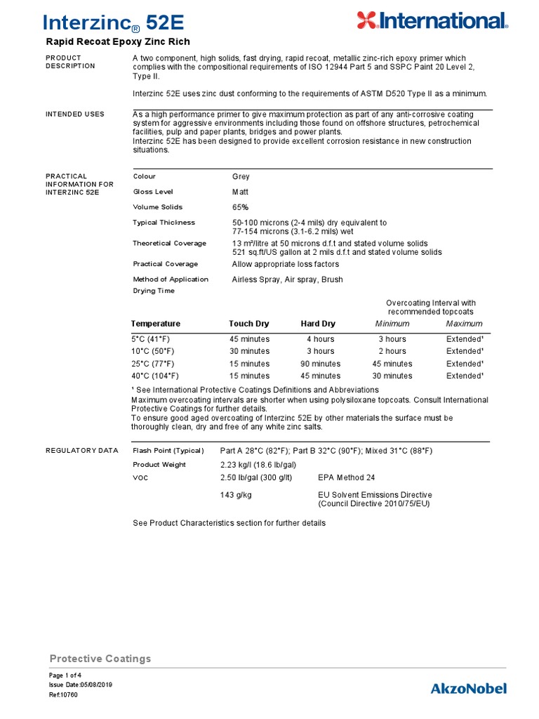 Interzinc 52E: Rapid Recoat Epoxy Zinc Rich | PDF | Paint | Data