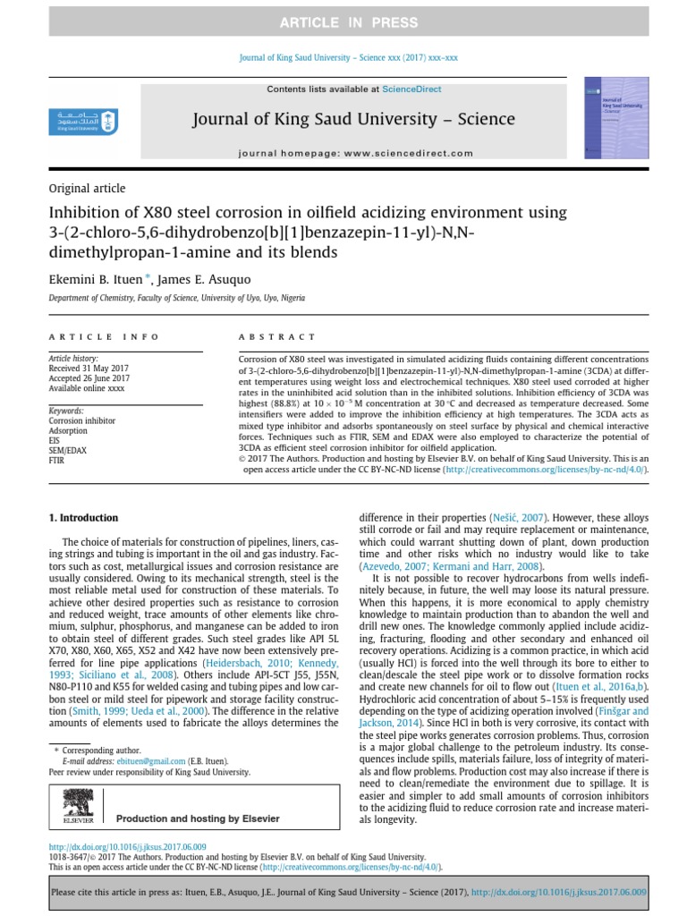 Inhibition of X80 Steel Corrosion in Oilfield Acidizing Environment PDF ...