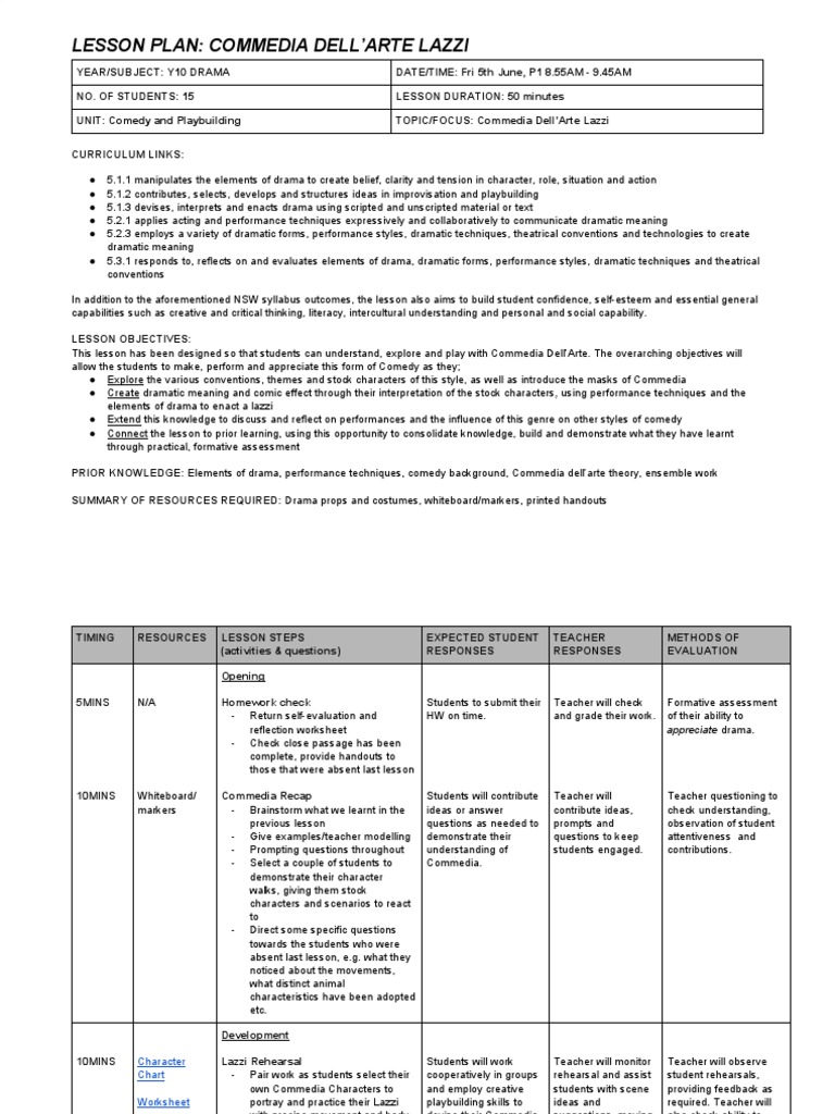 Lesson Plan: Commedia Dell'Arte Lazzi | PDF | Teachers | Learning