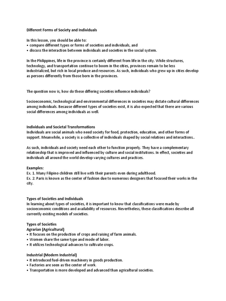 Types of Societies and Individual Roles | PDF | Society | Policy