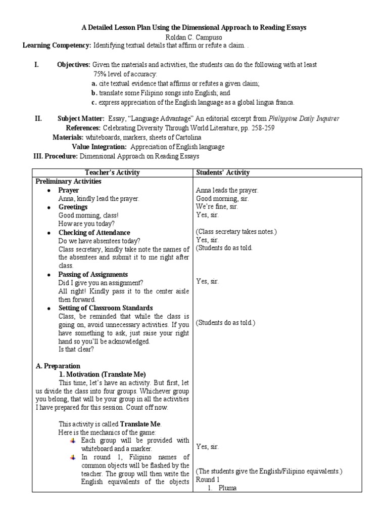 A Detailed Lesson Plan Using The Dimensional Approach To Reading Essays ...