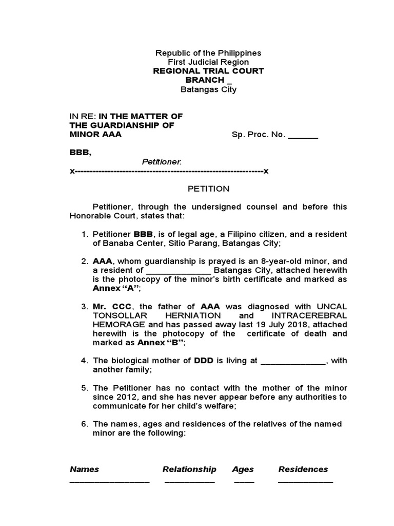 Regional Trial Court Branch - : Names Relationship Ages Residences ...