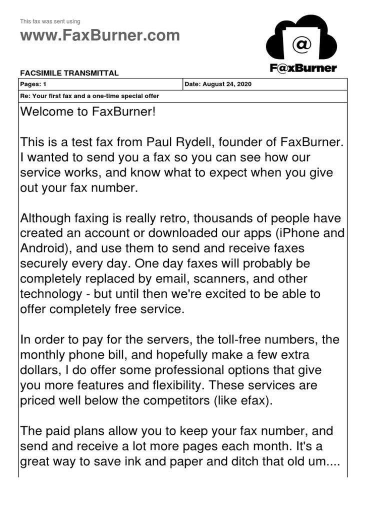 Facsimile Transmittal: Pages: 1 Date: August 24, 2020 Re: Your First ...