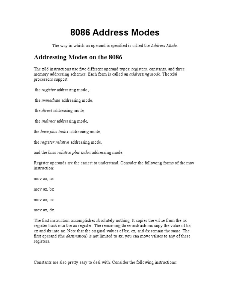 8086 Address Modes: Addressing Modes On The 8086 | PDF | Computer Science | Digital Electronics