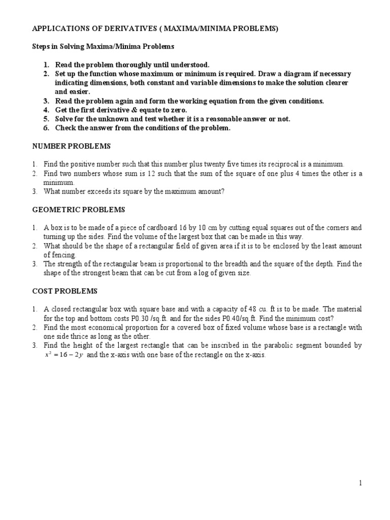 04.2 Applications of Derivatives (Word Problems) Rev2018 | PDF | Area ...