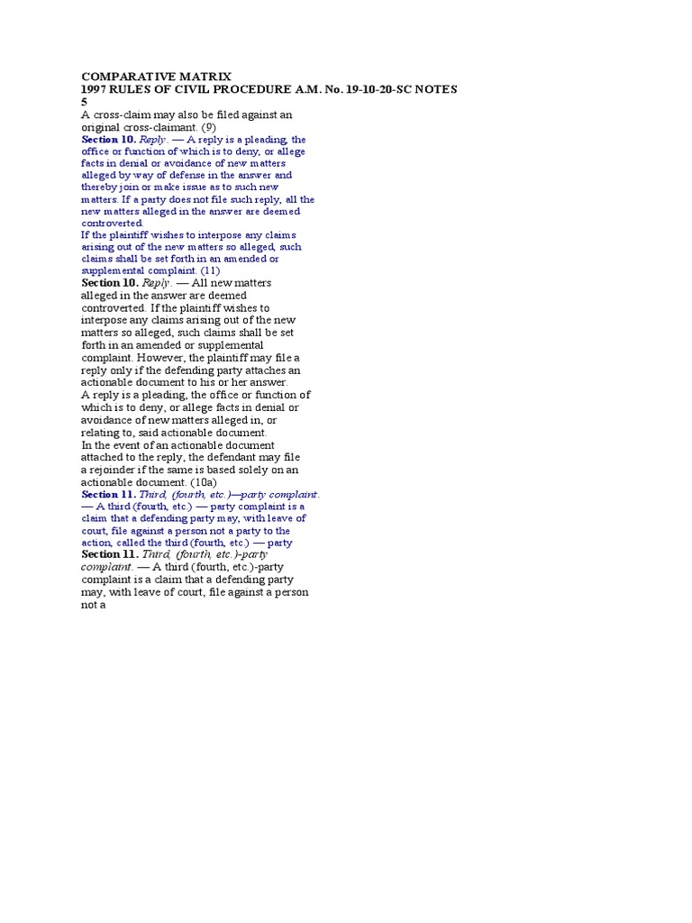 Comparative Matrix 1997 Rules of Civil Procedure A.M. No. 19-10-20-Sc ...