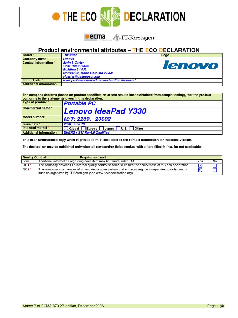 Lenovo Ideapad Y330: Product Environmental Attributes - He Co ...