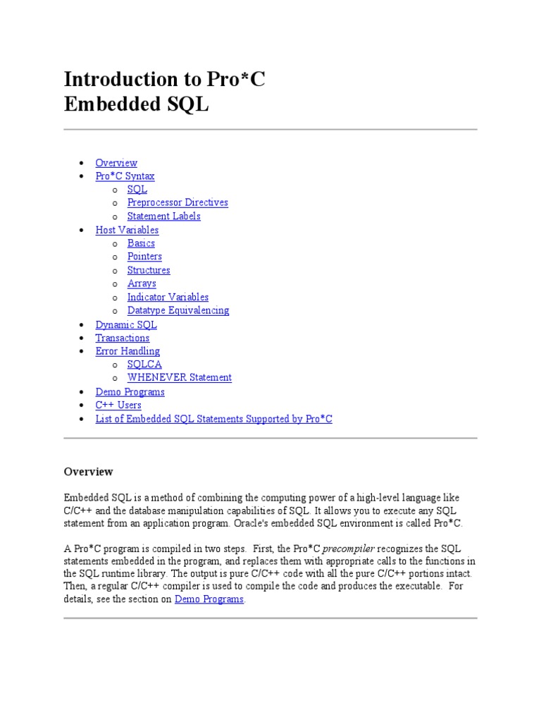 Introduction To Pro C Embedded SQL | PDF | C (Programming Language) | Sql