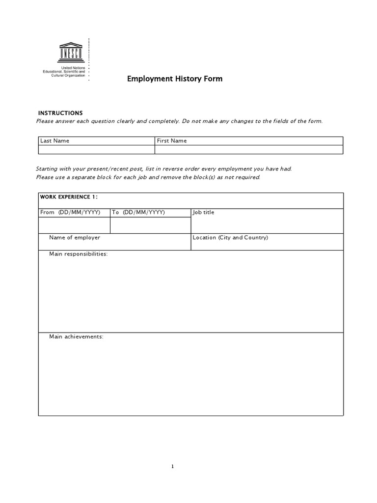 Employment History Form: Work Experience 1 | PDF
