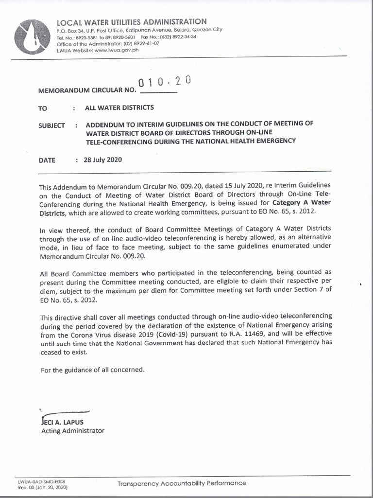 LWUA MC 010-20 Interim Guidelines in Conduting BOD Meetings Thru Online ...