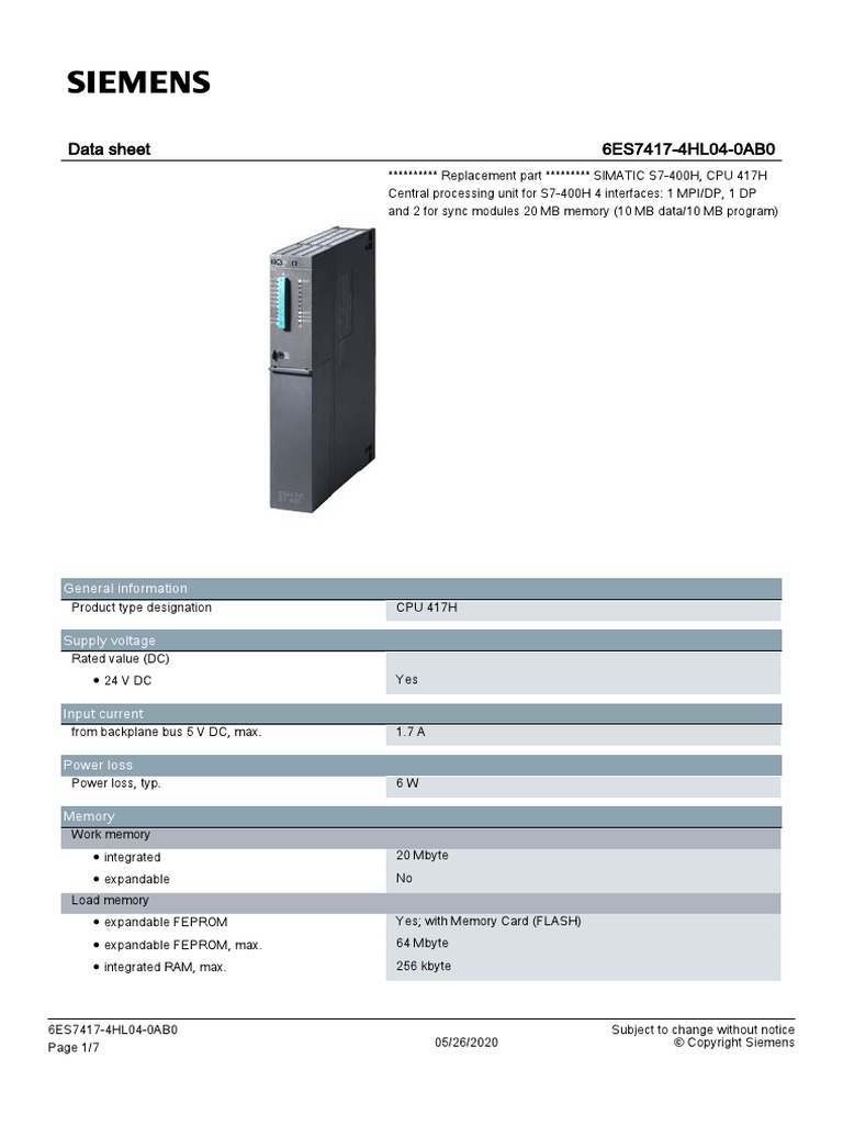 Data Sheet 6ES7417-4HL04-0AB0: General Information | PDF | Bit Rate ...