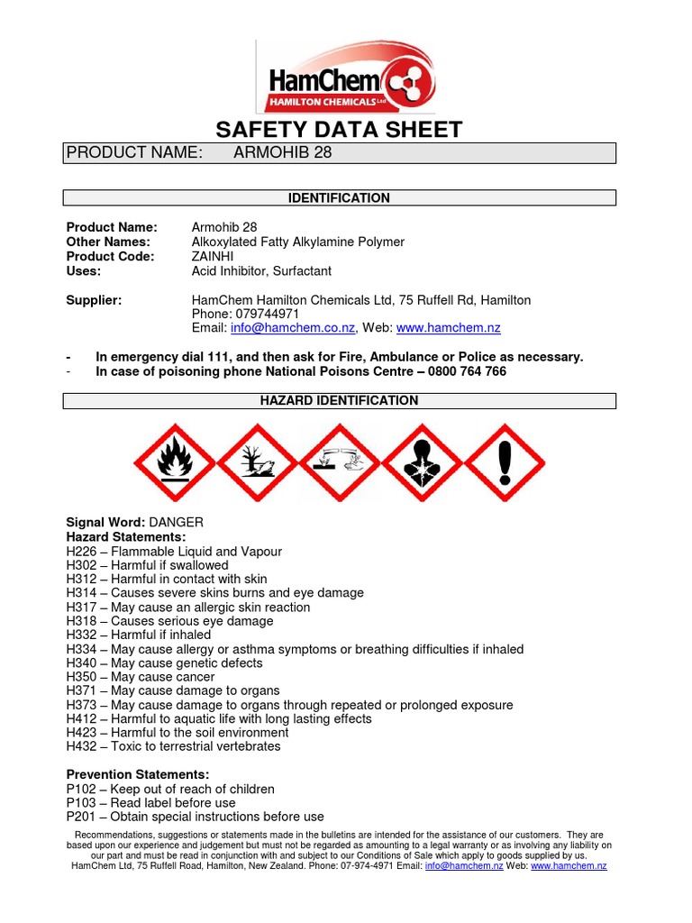 MSDS Armohib 28 (Corrosion Inhibitor) | PDF | Toxicity | Personal Protective Equipment