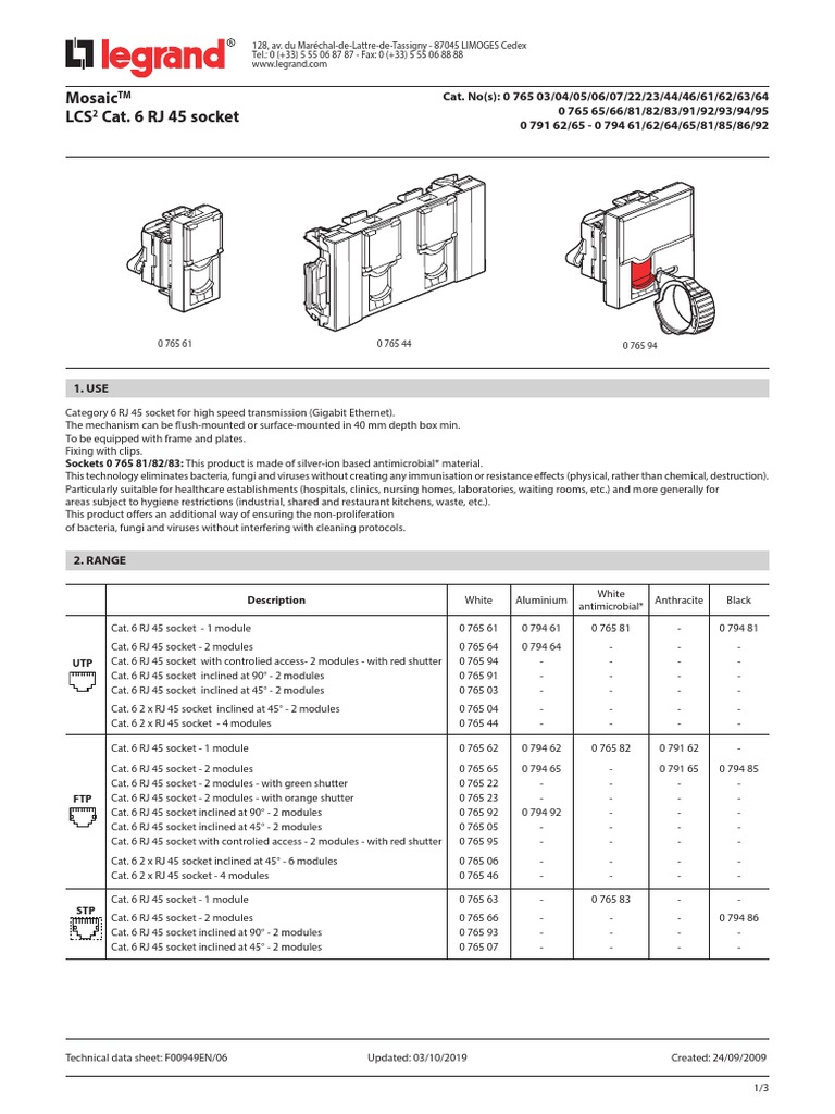 Mosaic LCS Cat. 6 RJ 45 Socket | PDF | Electrical Connector ...