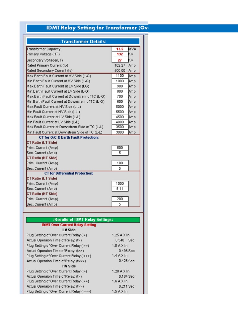 IDMT Relay Settings for Transformer Protection | PDF | Transformer | Relay