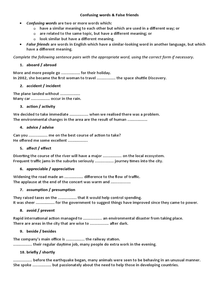 Complete The Following Sentence Pairs With The Appropriate Word, Using ...