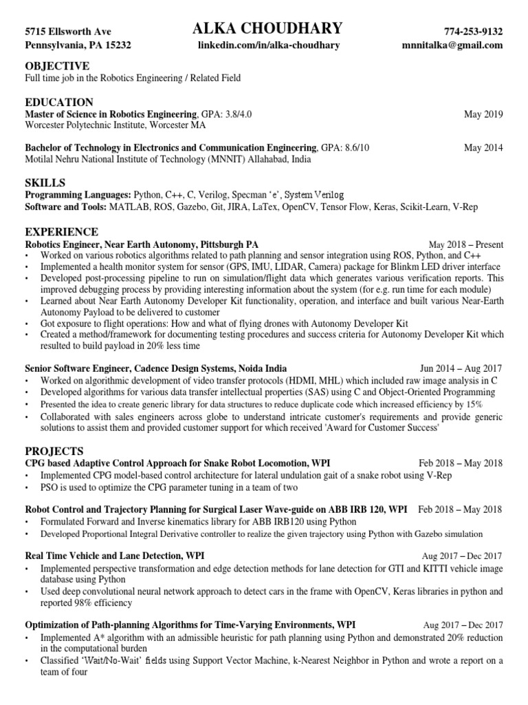 Alka Choudhary Resume | PDF | Robotics | Computer Programming