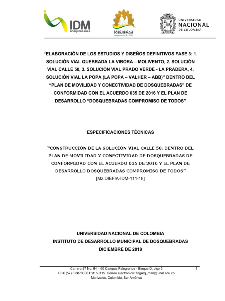 Especificaciones Técnicas Calle 50 PDF | PDF | Colombia | Diseño