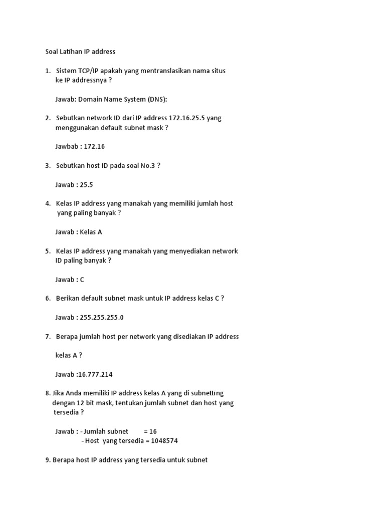 Soal Latihan dan Perhitungan IP Address | PDF