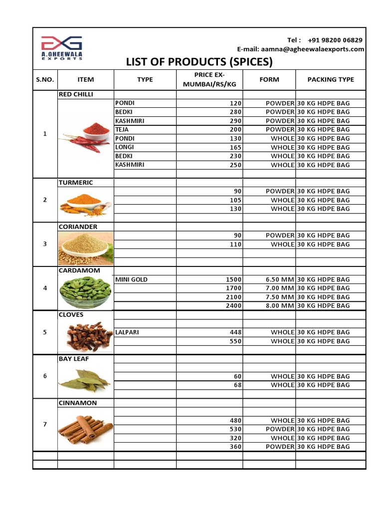 Indian Spices Price List 2023 | PDF | Herbs And Spices | South Asian ...