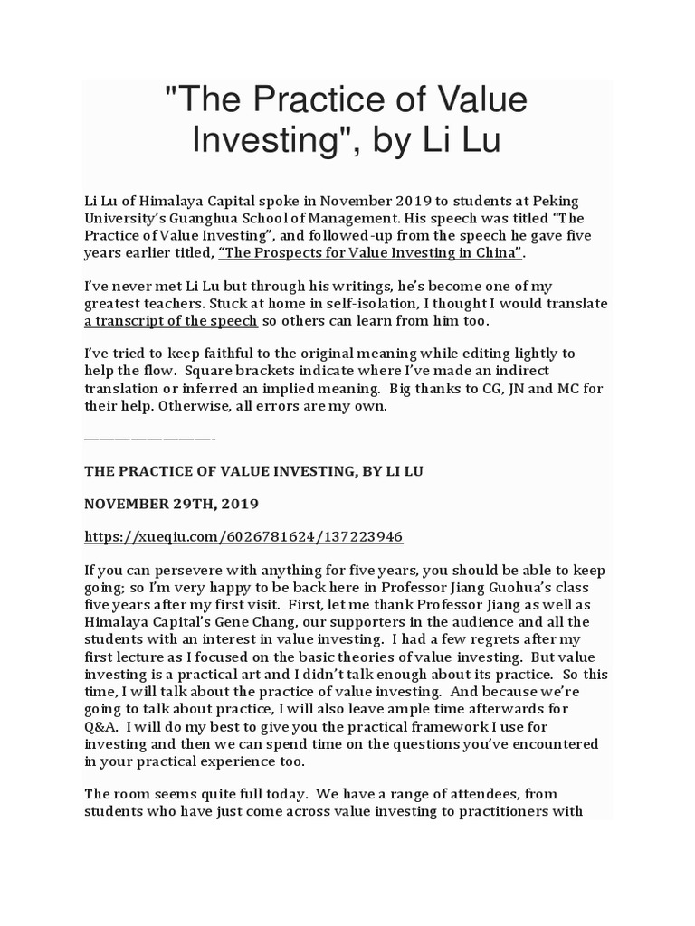 The Practice of Value Investing, by Li Lu | PDF | Speculation | Stocks