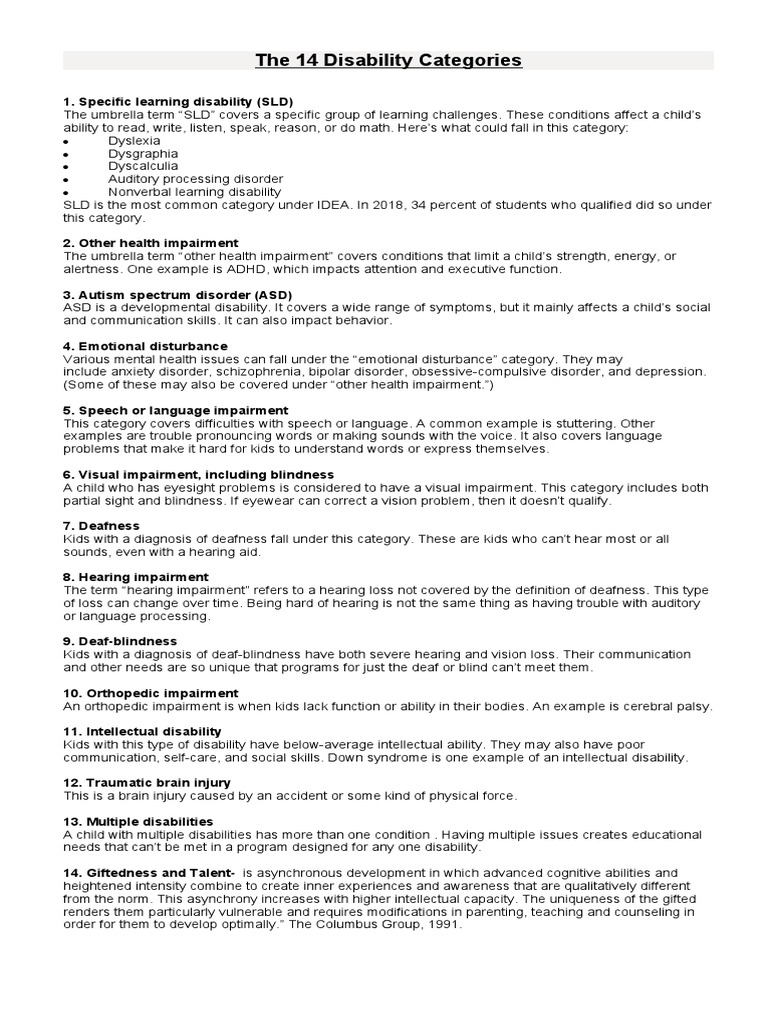 The 14 Disability Categories | Download Free PDF | Learning Disability ...