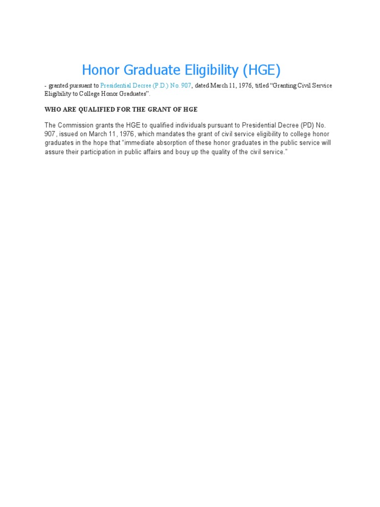 Honor Graduate Civil Service Eligibility | PDF