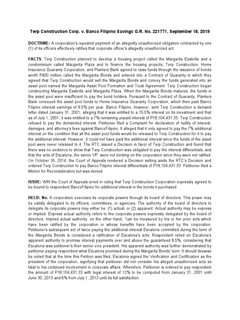 Terp Construction Corp. v. Banco Filipino Savings | PDF | Interest ...