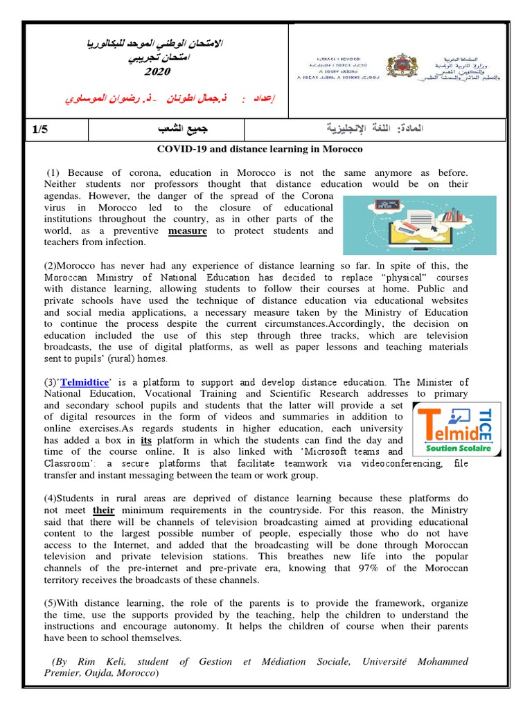 Mock Exam 2020 Baccalaureate in Morocco | PDF | Distance Education ...
