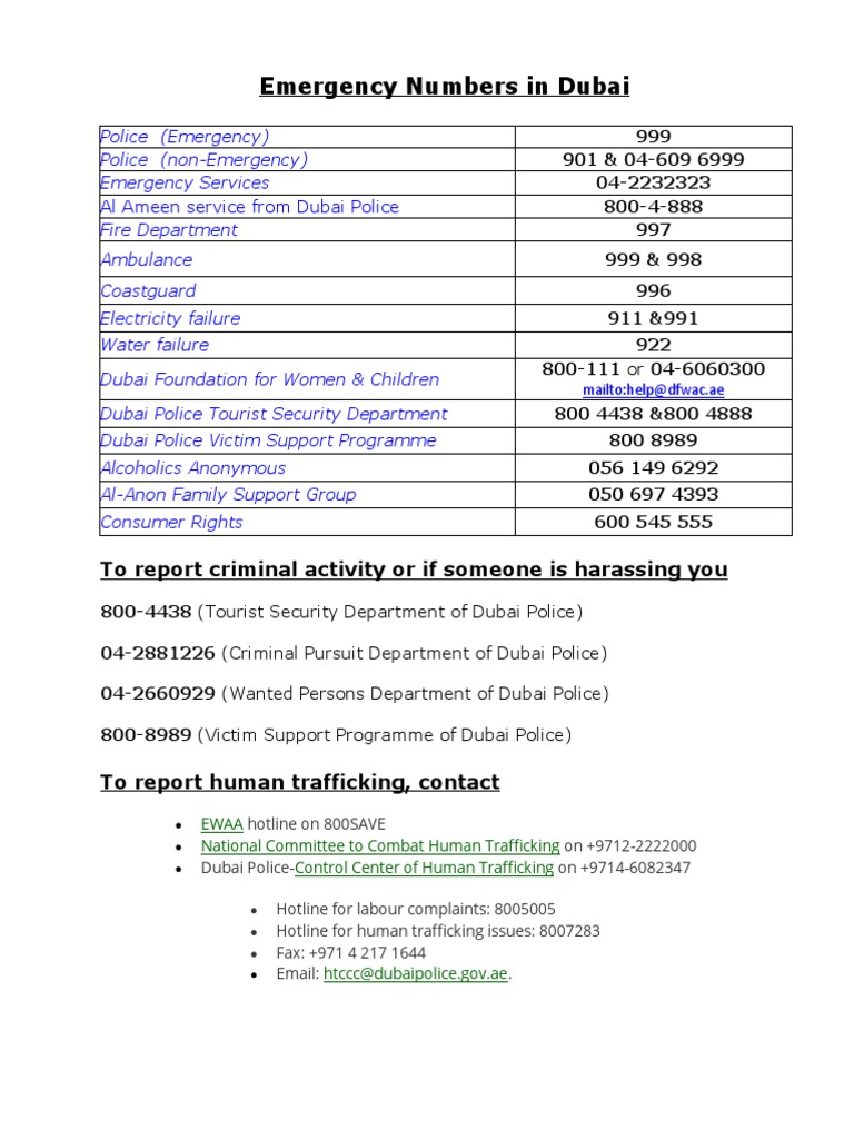 Emergency Numbers in Dubai: Al Ameen Service From Dubai Police | PDF ...