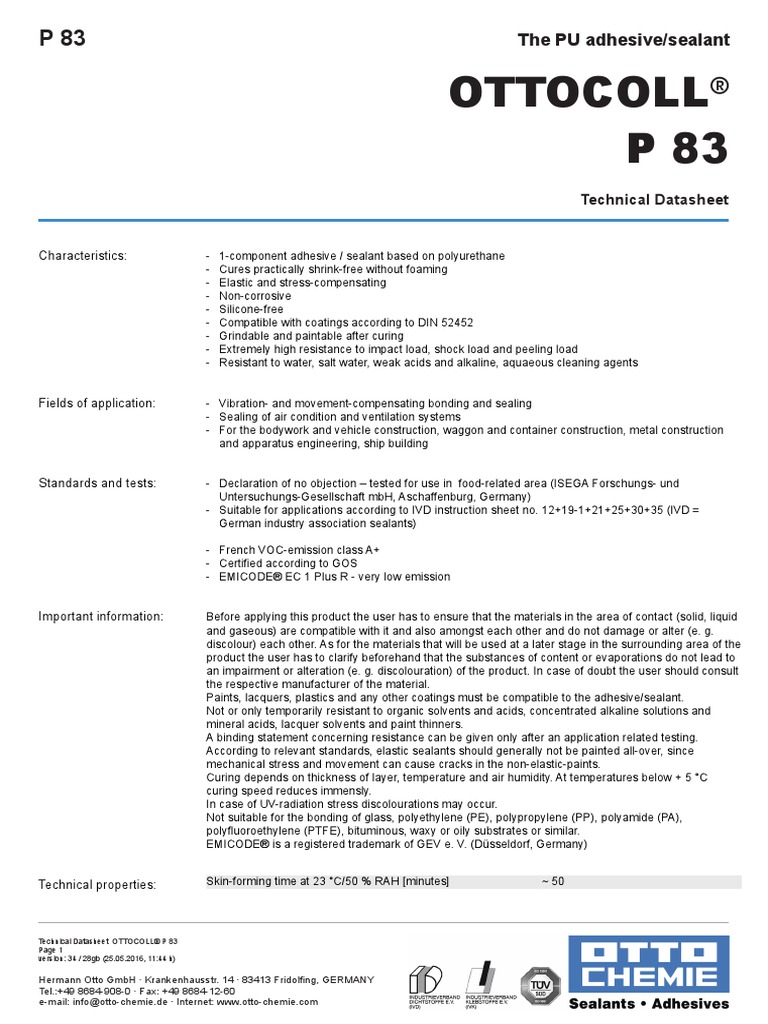 Ottocoll® P83: The PU Adhesive/sealant | PDF | Adhesive | Materials