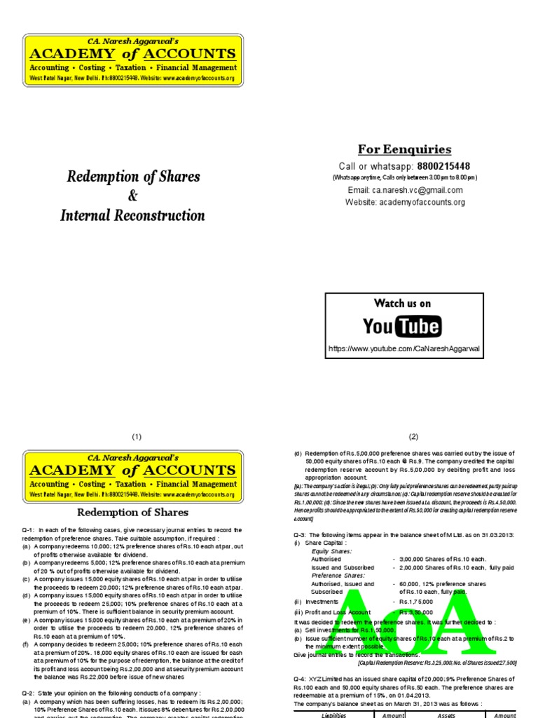 01 Redemption of Shares and Internal Reconstruction | Download Free PDF ...