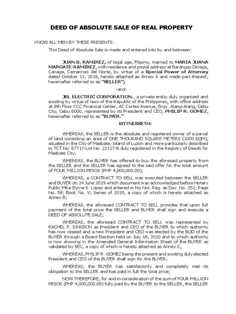 Deed of Absolute Sale - Sample Work PDF | PDF | Sales | Civil Law ...