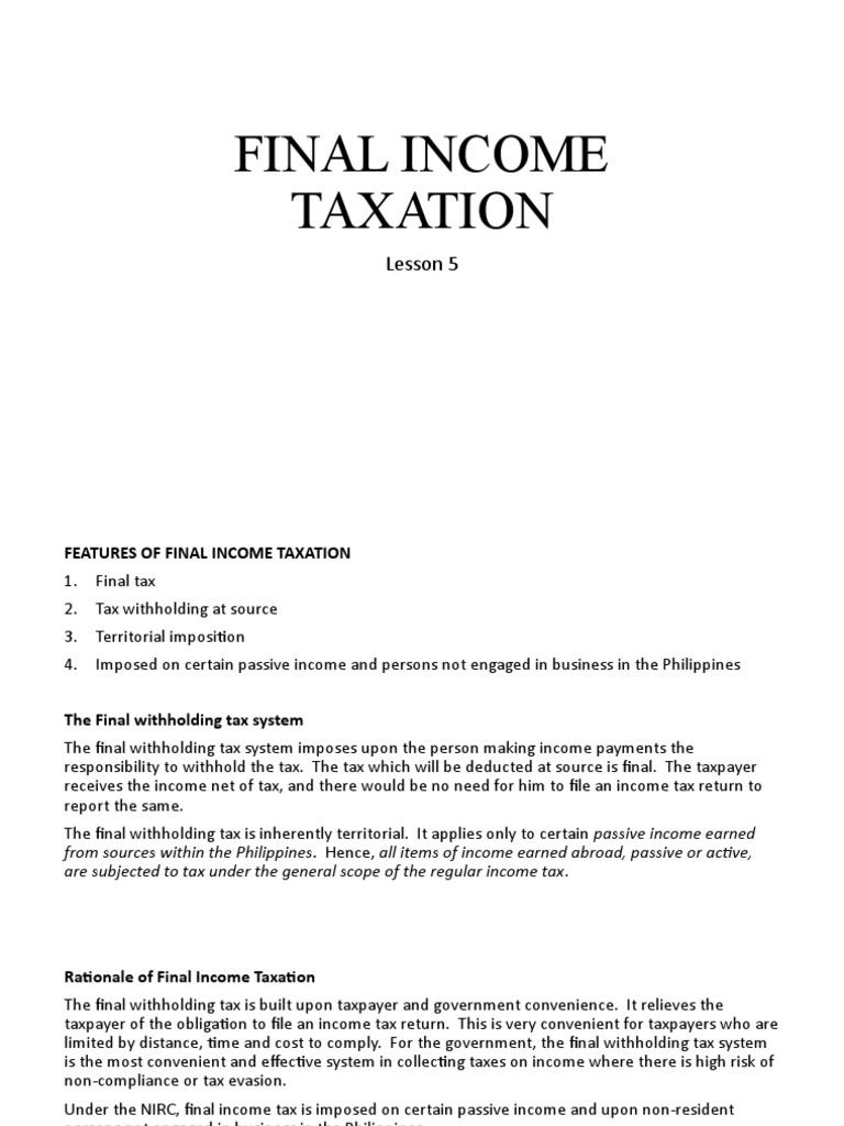 Final Income Taxation: Lesson 5 | PDF | Withholding Tax | Dividend