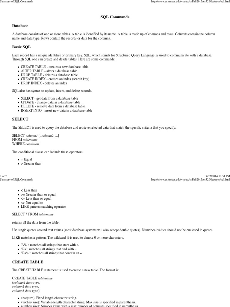 Summary of SQL Commands | PDF | Database Index | Table (Database) Summary of SQL Commands | PDF | Database Index | Table (Database)