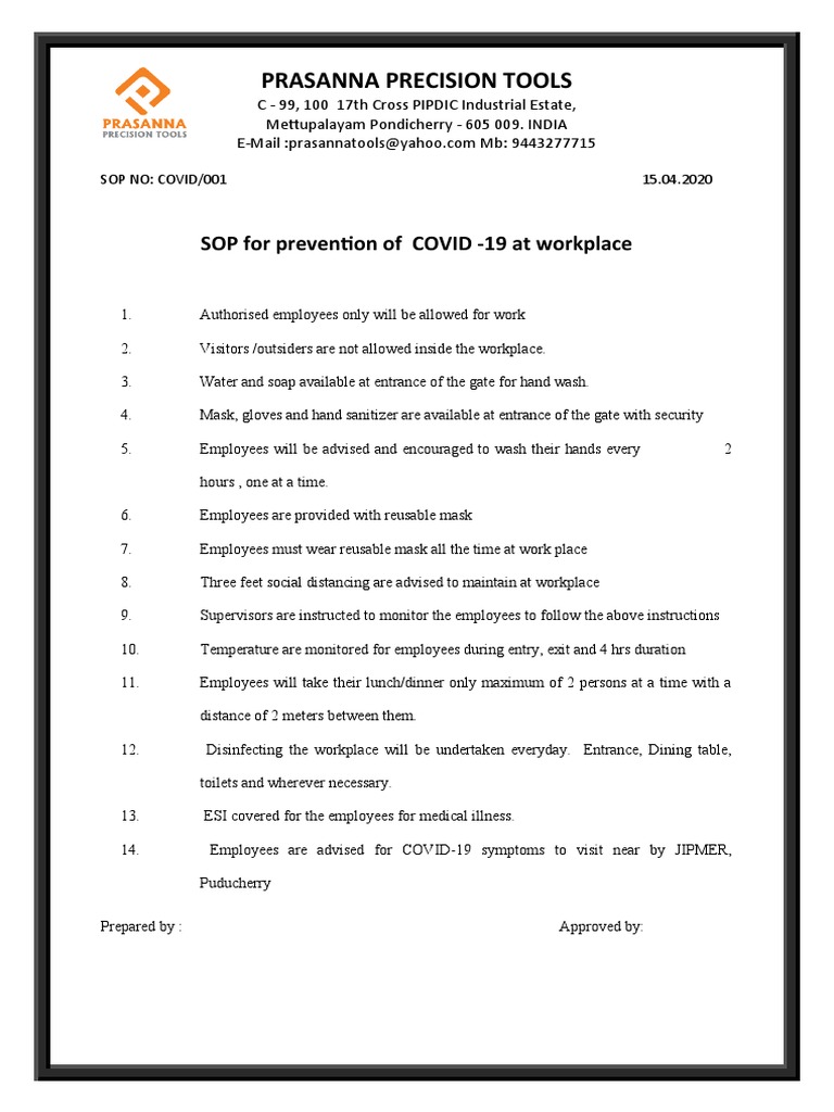 COVID-19 Workplace Safety SOP | PDF | Wellness | Science & Mathematics