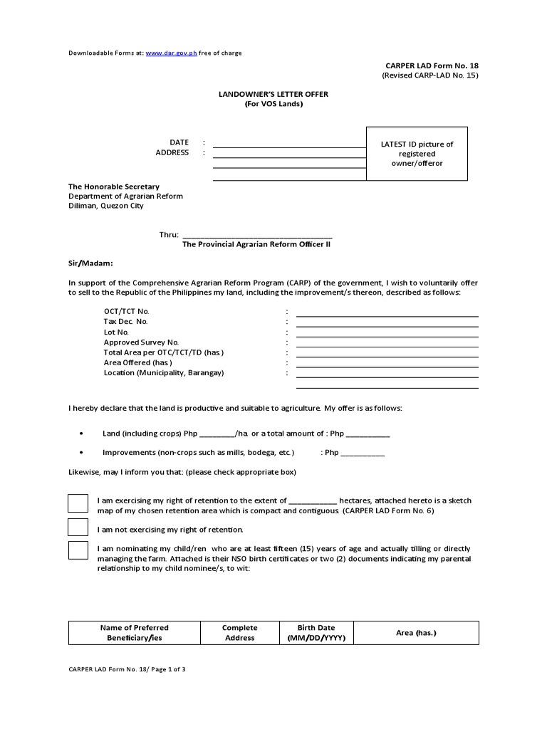 Carper Lad Form No. 18: Downloadable Forms At: Free of Charge | PDF | Property | Government
