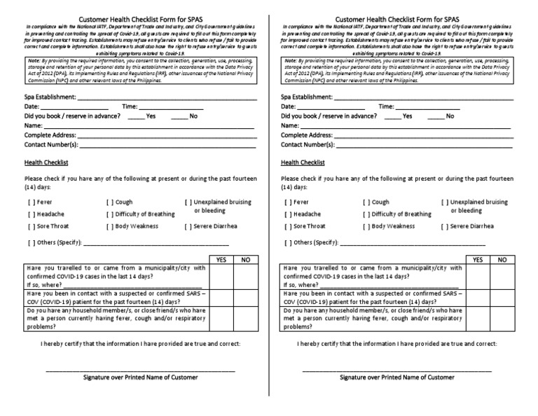 SPAS Customer Health Checklist Form A4 | PDF | Information Privacy ...