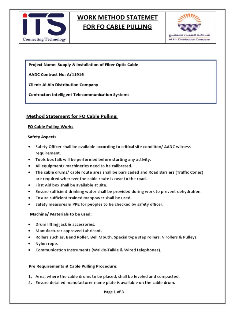 Method Statement For FO Cable Pulling | PDF | Equipment | Manufactured ...