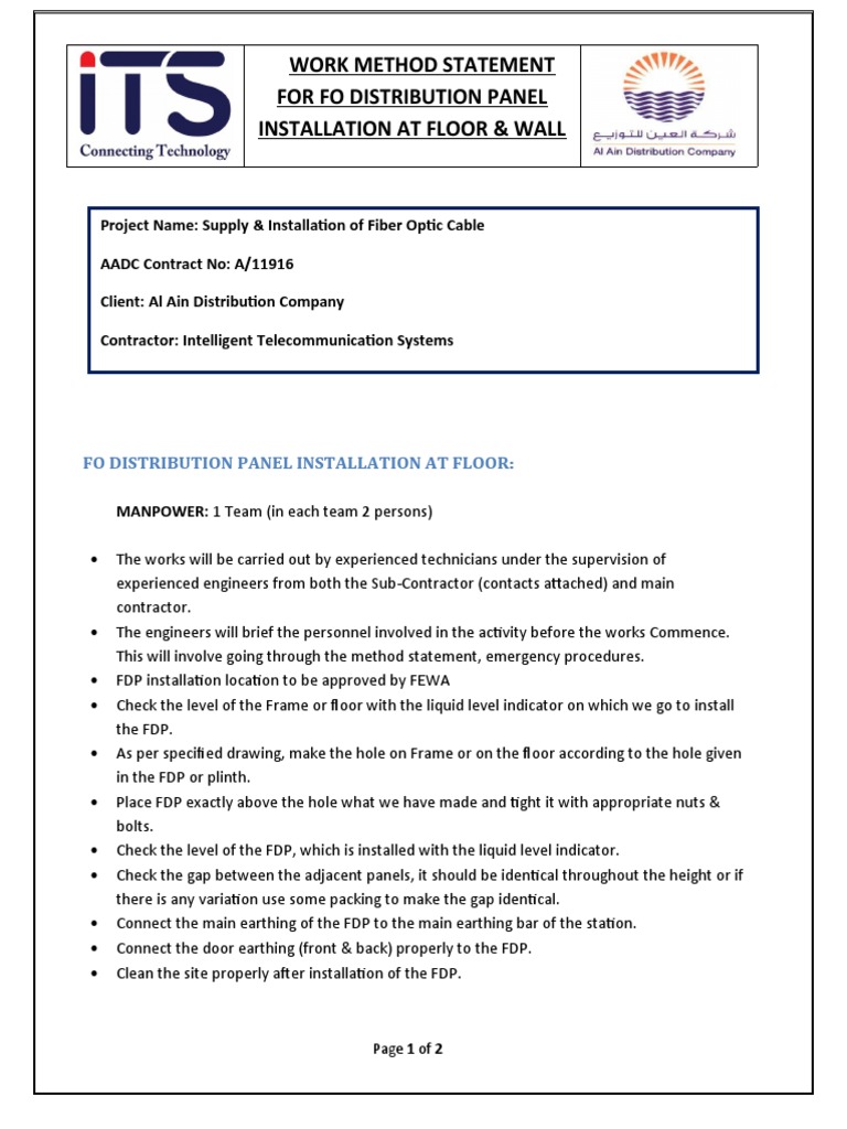 Work Method Statement For Fo Distribution Panel Installation at Floor & Wall | Download Free PDF ...
