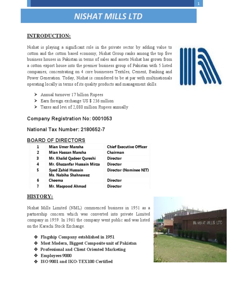 Nishat Mills LTD: Company Registration No: 0001053 National Tax Number ...