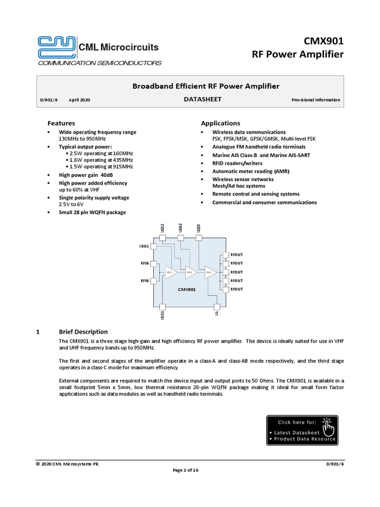 CMX901 RF Power Amplifier: CML Microcircuits | PDF | Amplifier ...
