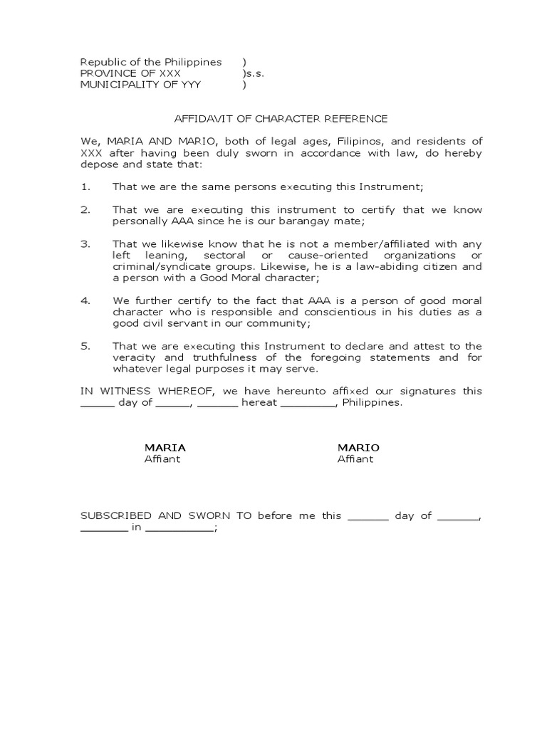 Affidavit of Character Reference Template | PDF | Politics | Social Science