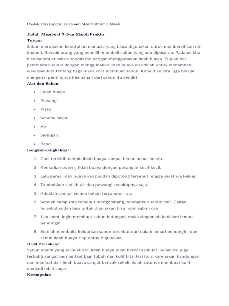 Contoh Teks Laporan Percobaan Membuat Sabun Mandi | PDF
