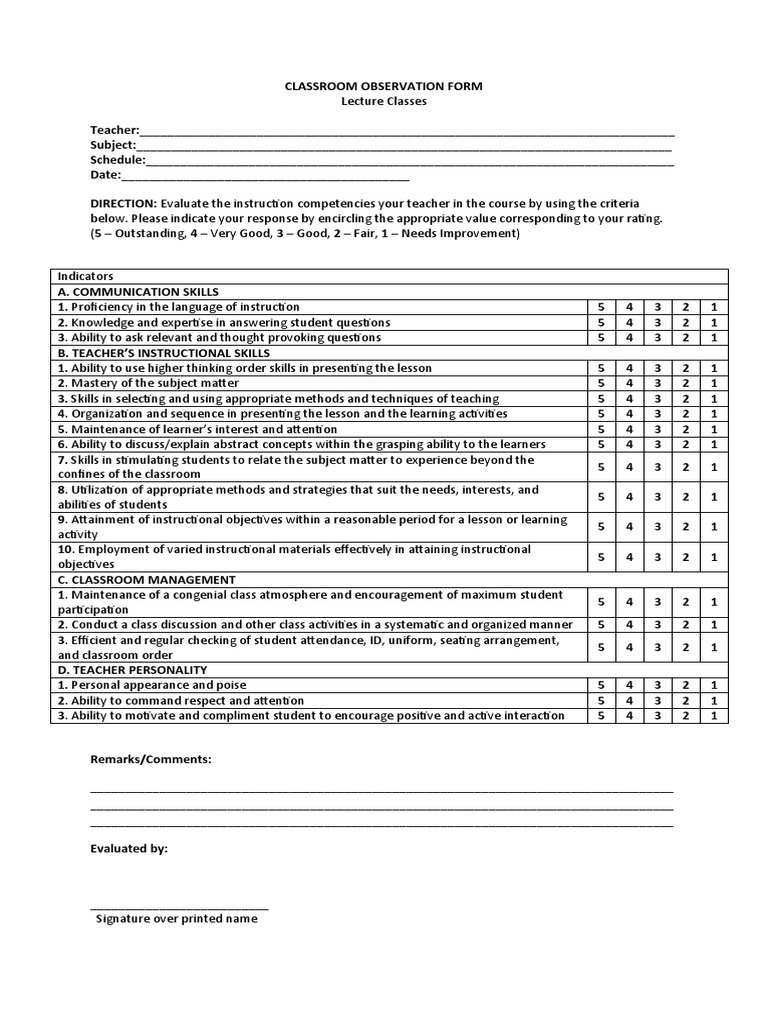 Classroom Observation Form | Download Free PDF | Classroom | Teachers