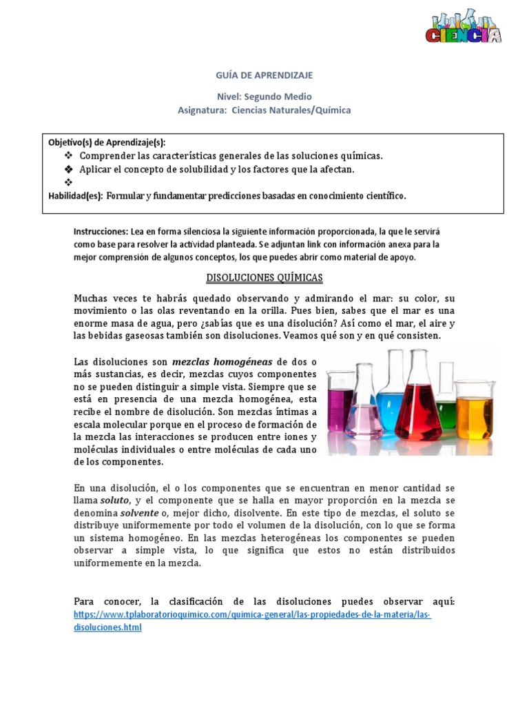 Guía Aprendizaje N°1 2° Medio (Disoluciones) | PDF | Solubilidad | Mezcla